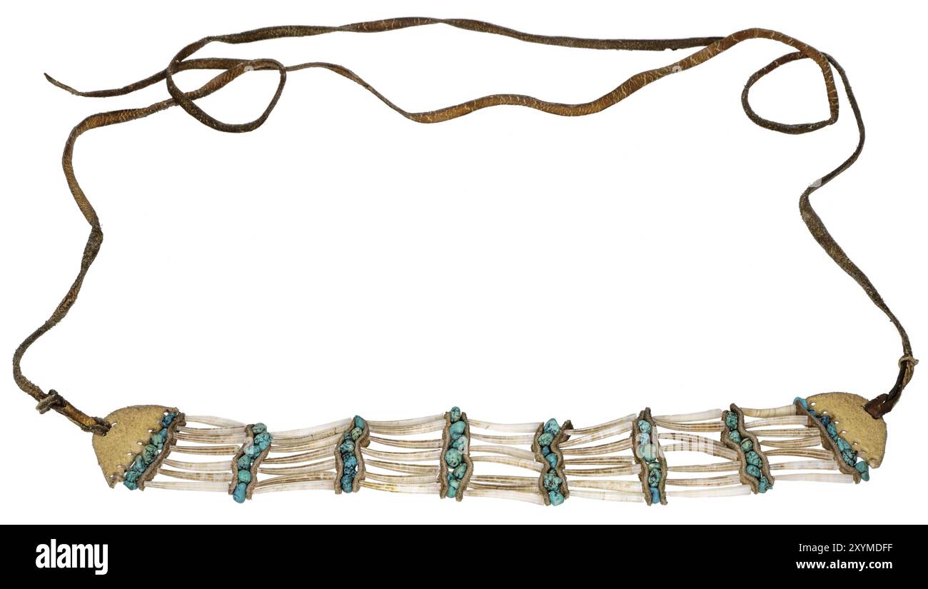 Indian necklace made from shells, turquoises and leather strips on a ...
