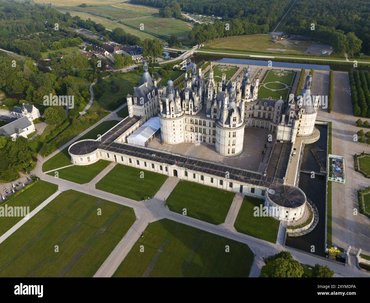 Aerial view of a magnificent historic castle from above. The ...