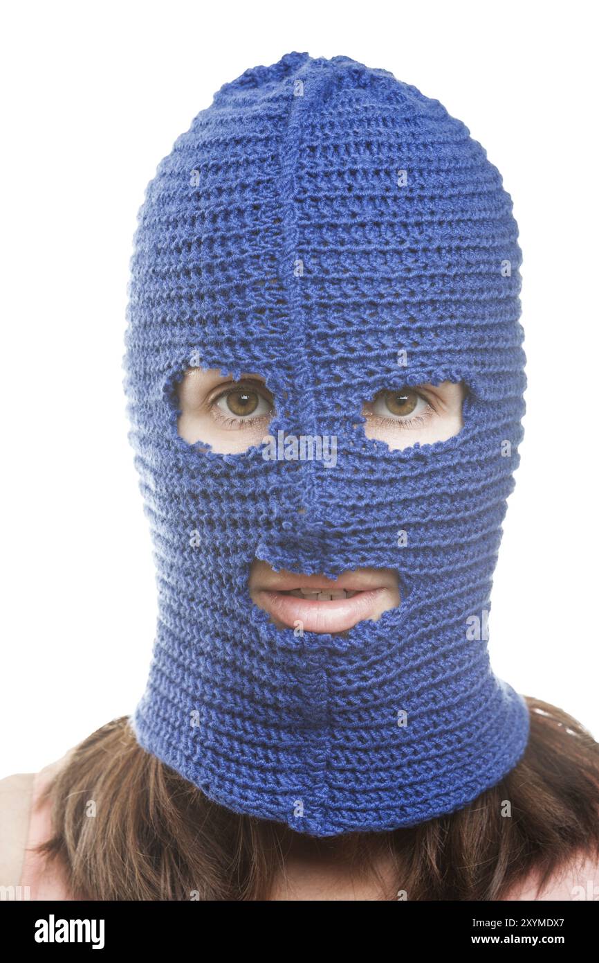 Russian protest movement concept, woman wearing balaclava or mask on ...