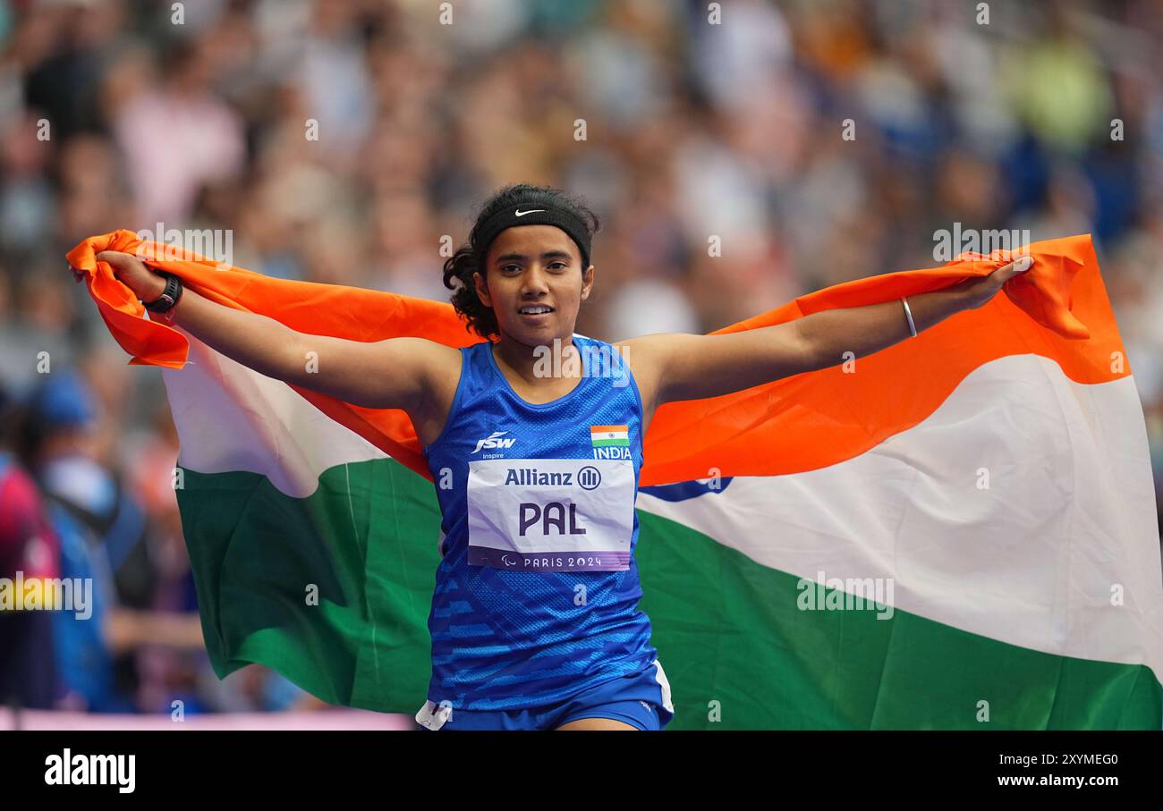August 30 2024: Preethi Pal of India celebrates winning bronze in Women ...