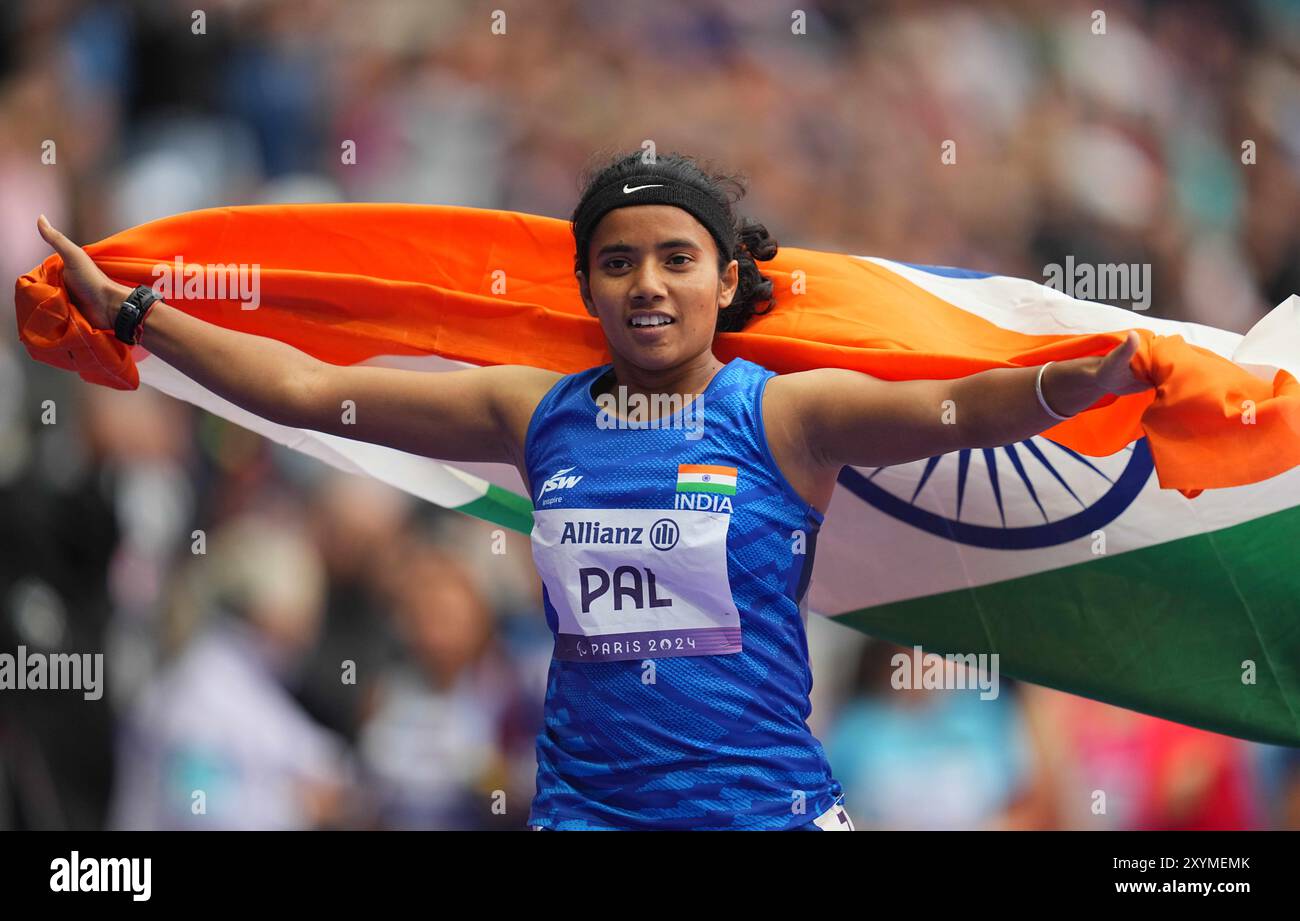 August 30 2024: Preethi Pal of India celebrates winning bronze in Women ...