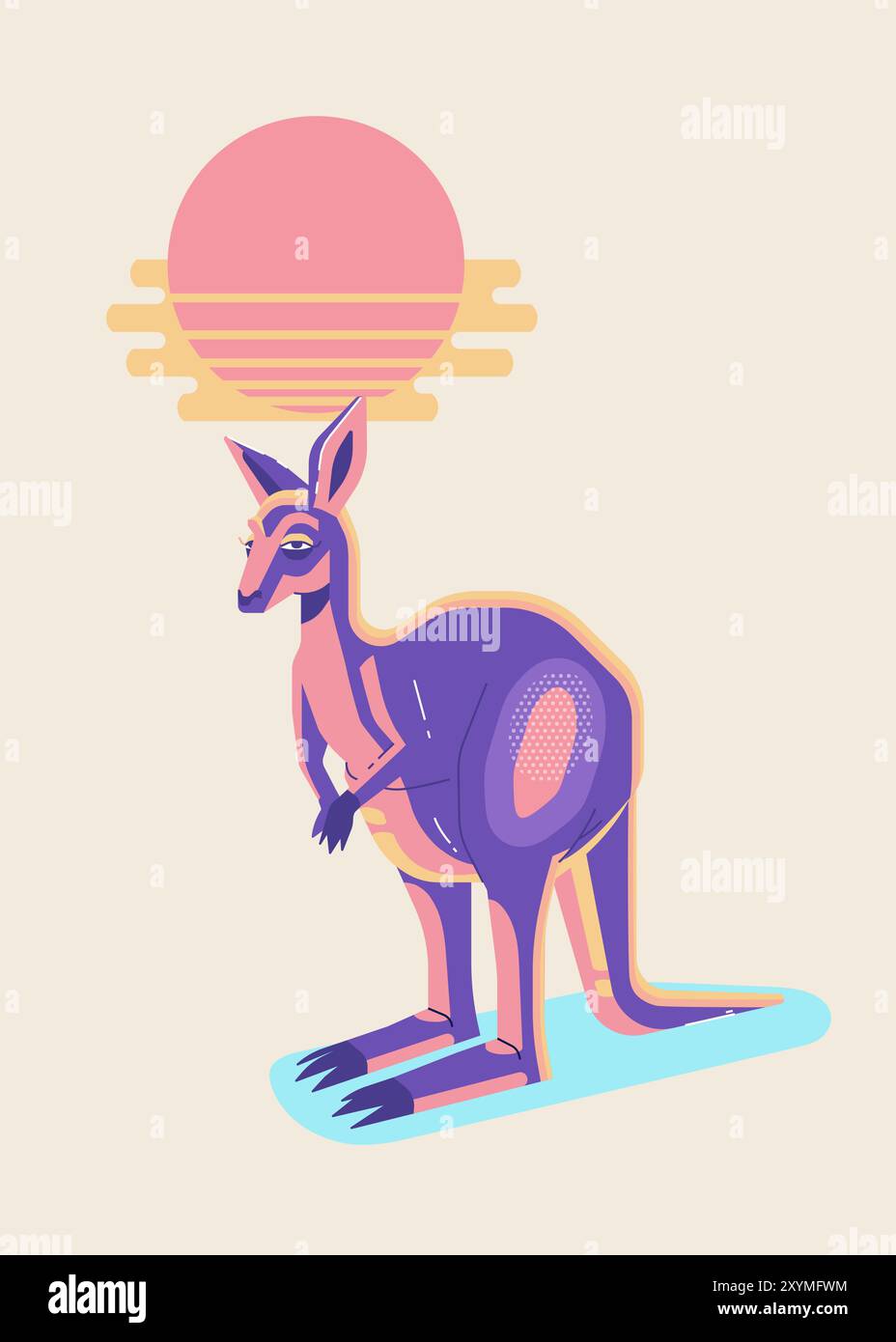 Stylized Purple Kangaroo with Retro Pink Sunset - Modern Geometric ...
