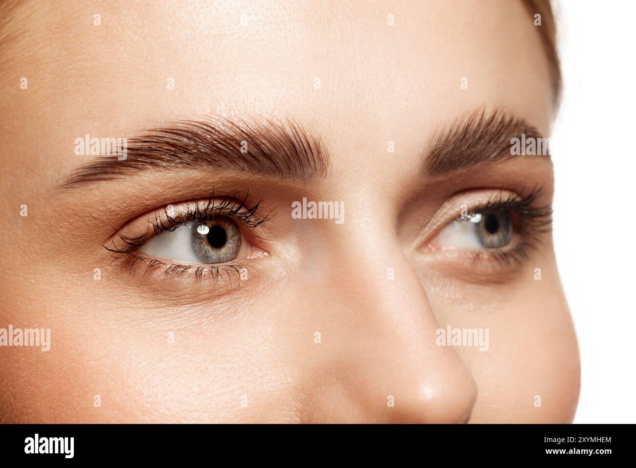 Close-up of beautiful clear female face with attractive gray eyes ...