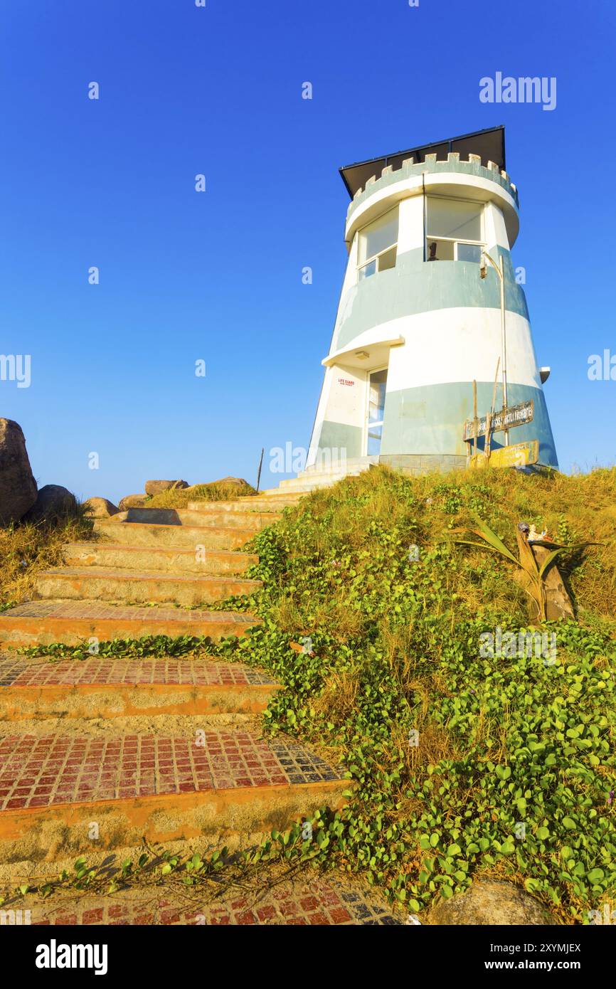 Steps lead to entrance of the life guard aid post, resembling a stubby ...