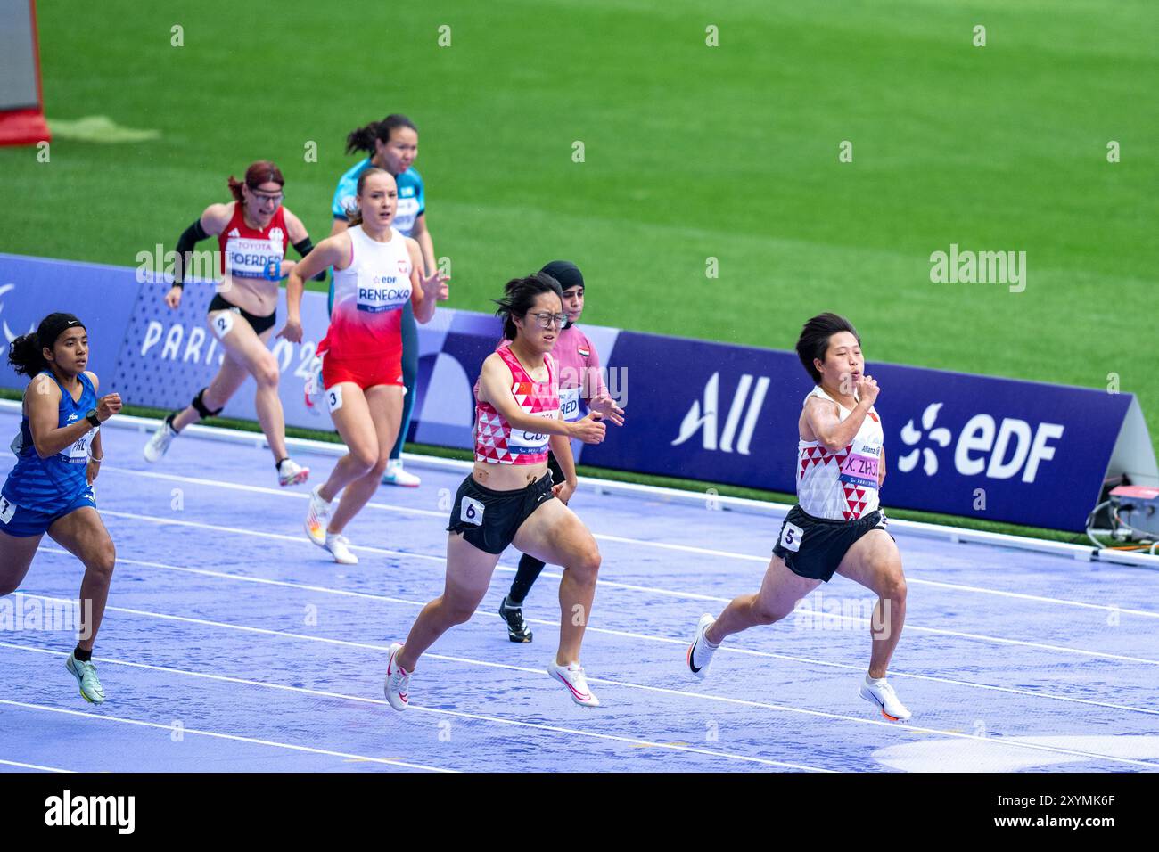 Paris, France. 30th Aug, 2024. Zhou Xia (1st R) of China compete during the women's 100m T35 ...