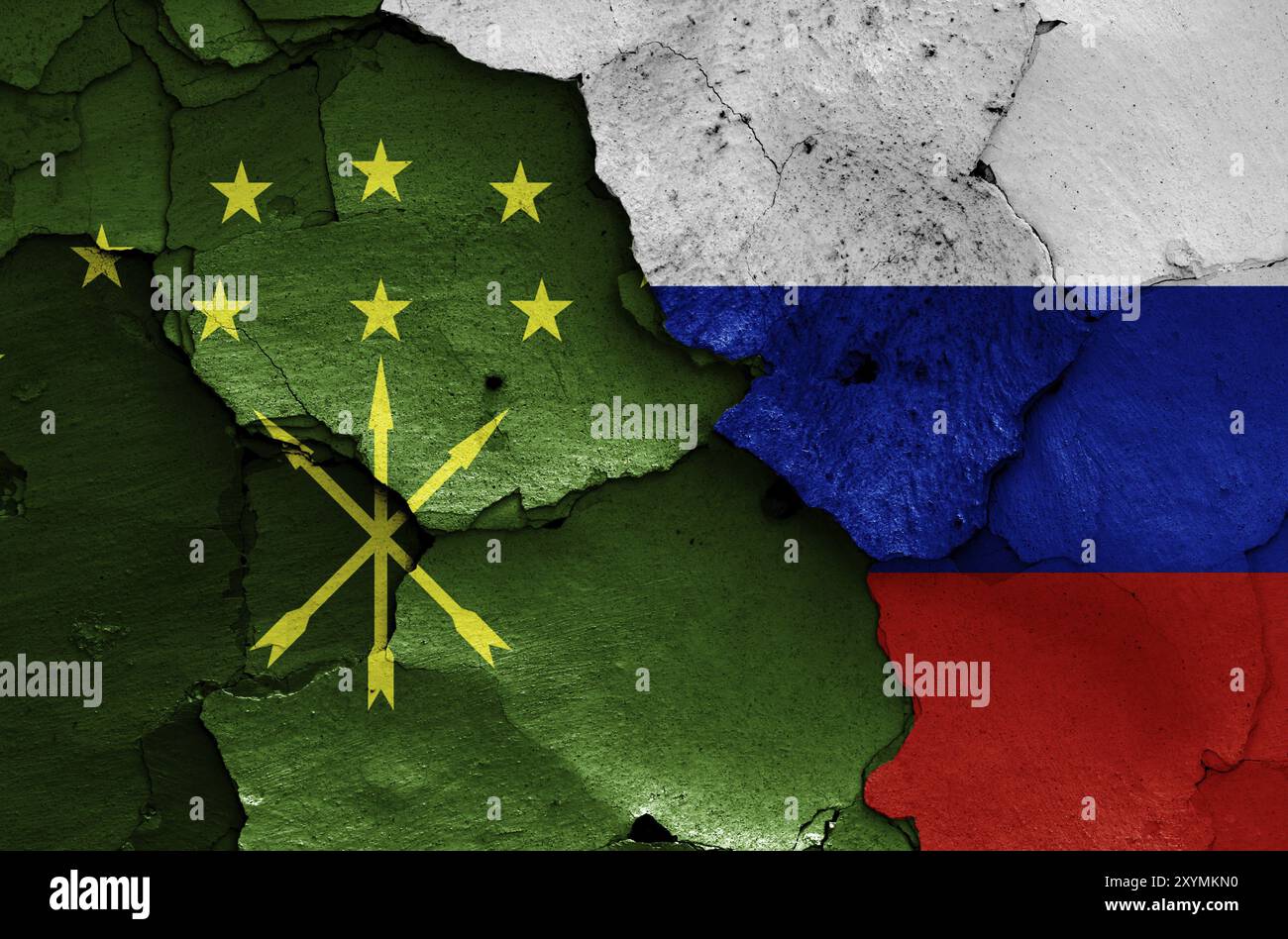 Flags of Adygea Republic and Russia painted on cracked wall Stock Photo ...