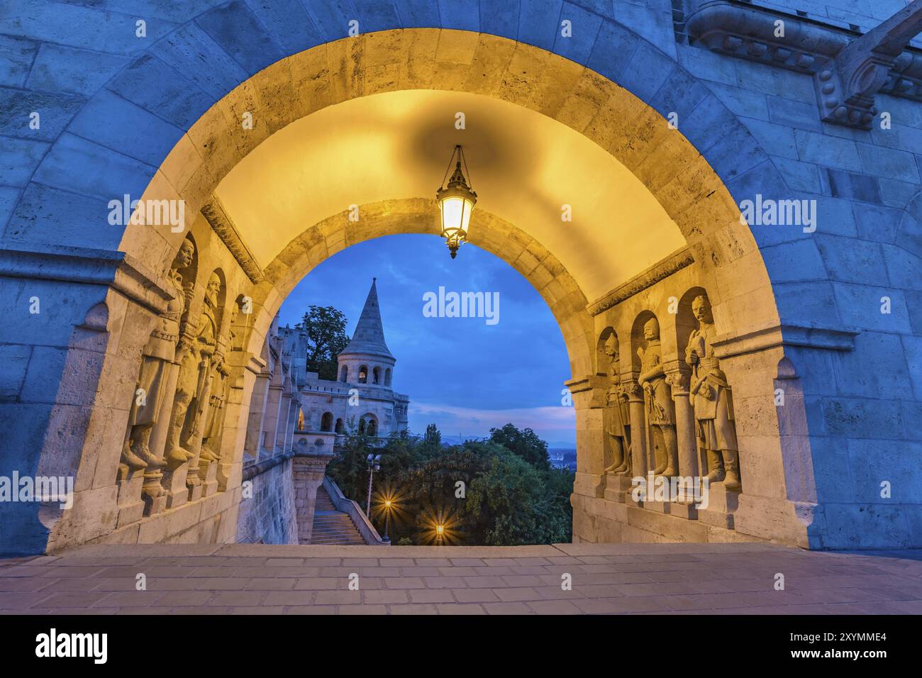 Halaszbastya Fisherman Bastion gate at night, Budapest, Hungary, Europe ...