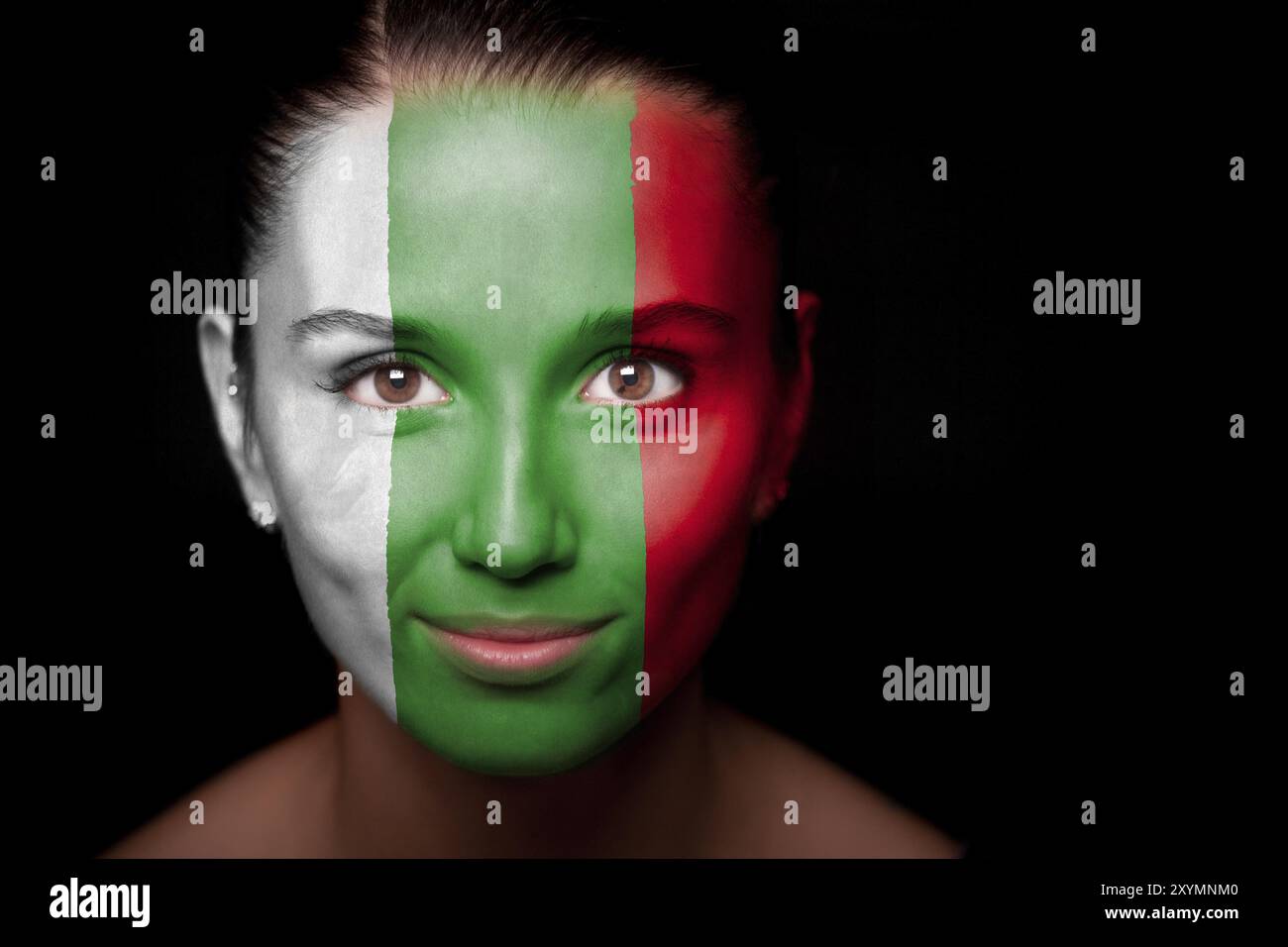 Portrait of a woman with the flag of the Bulgaria painted on her face ...