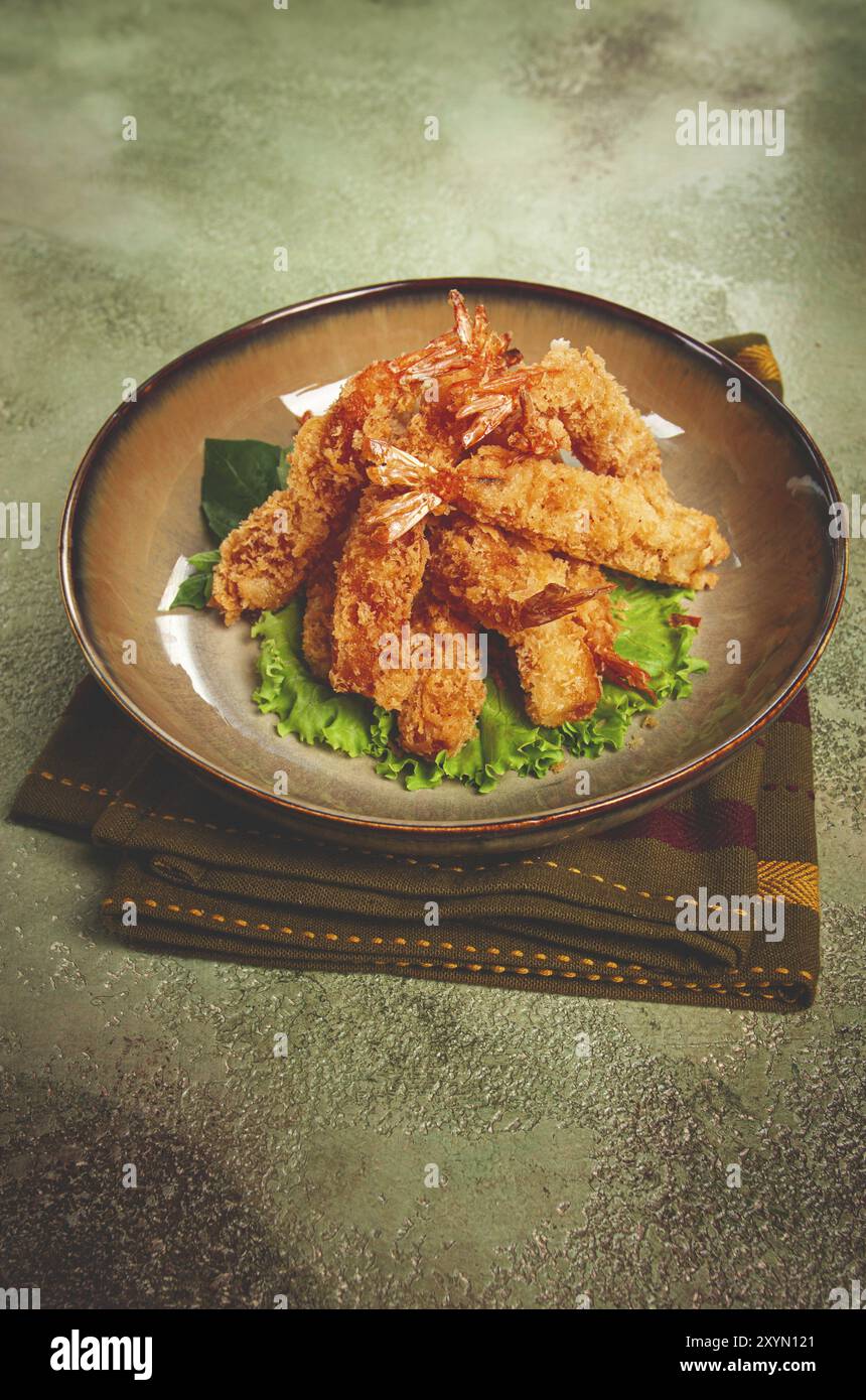 Shrimp in tempura, deep fried, with soy sauce, close-up, top view ...
