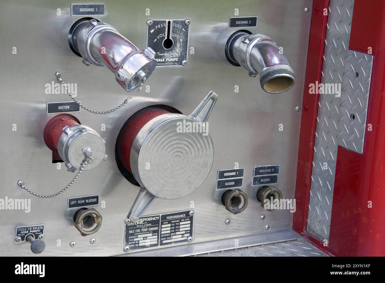 Various connection nozzles of a fire engine Stock Photo - Alamy