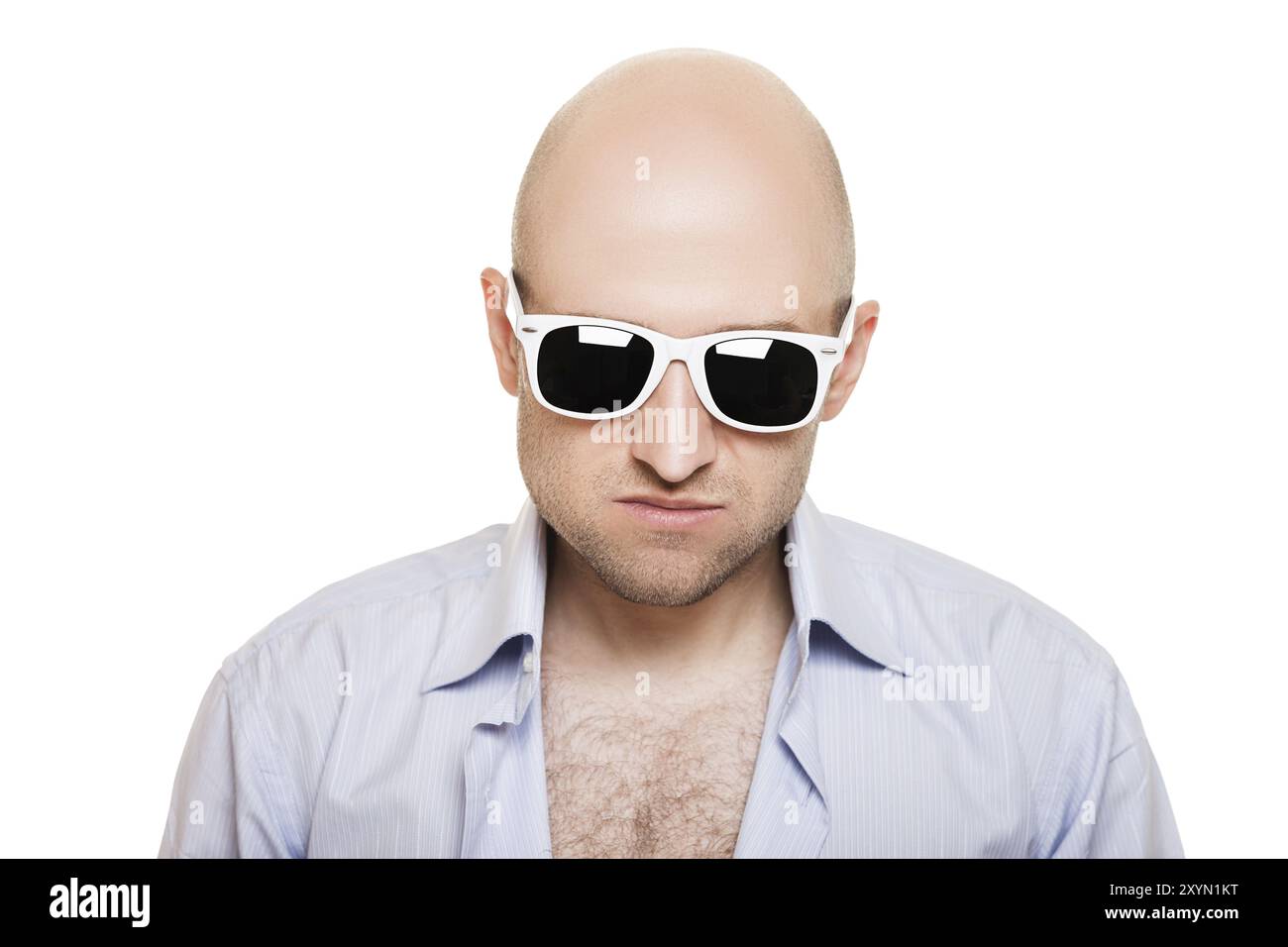 Cool smiling bald or shaved head man in sunglasses white isolated Stock ...