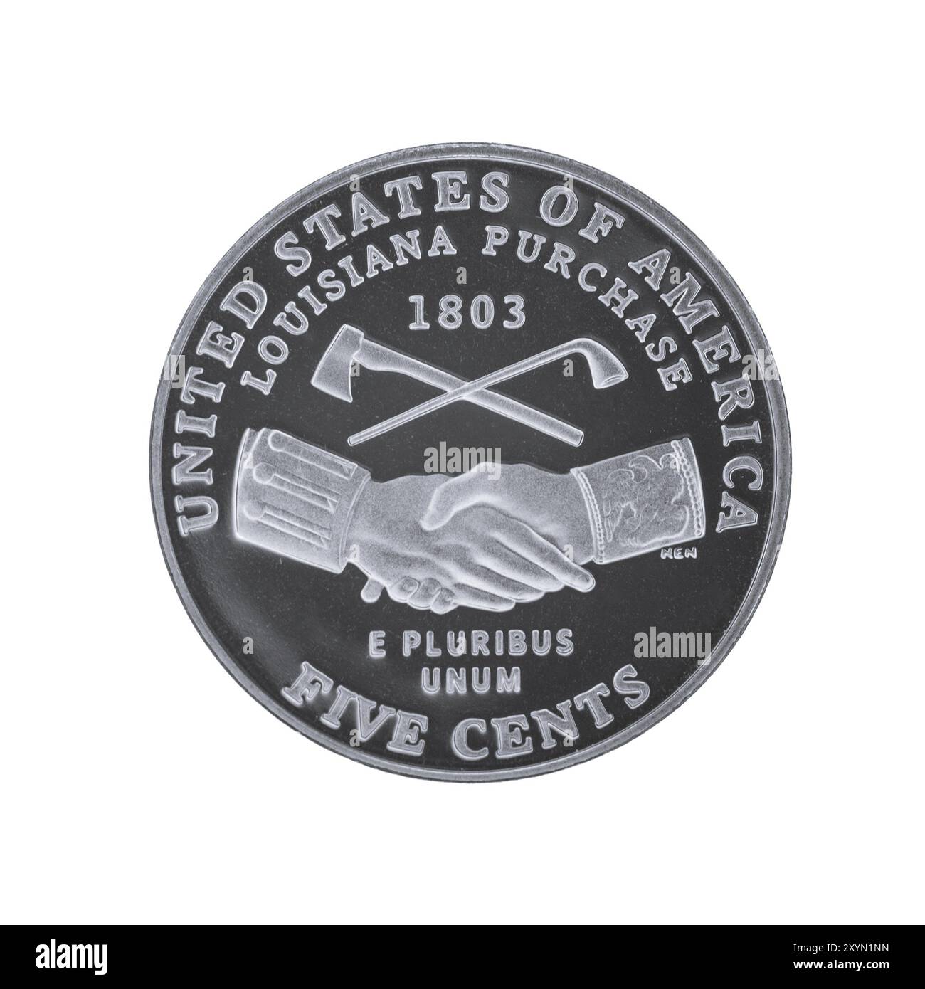 American five cents coin isolated on white background. Thomas Jefferson ...