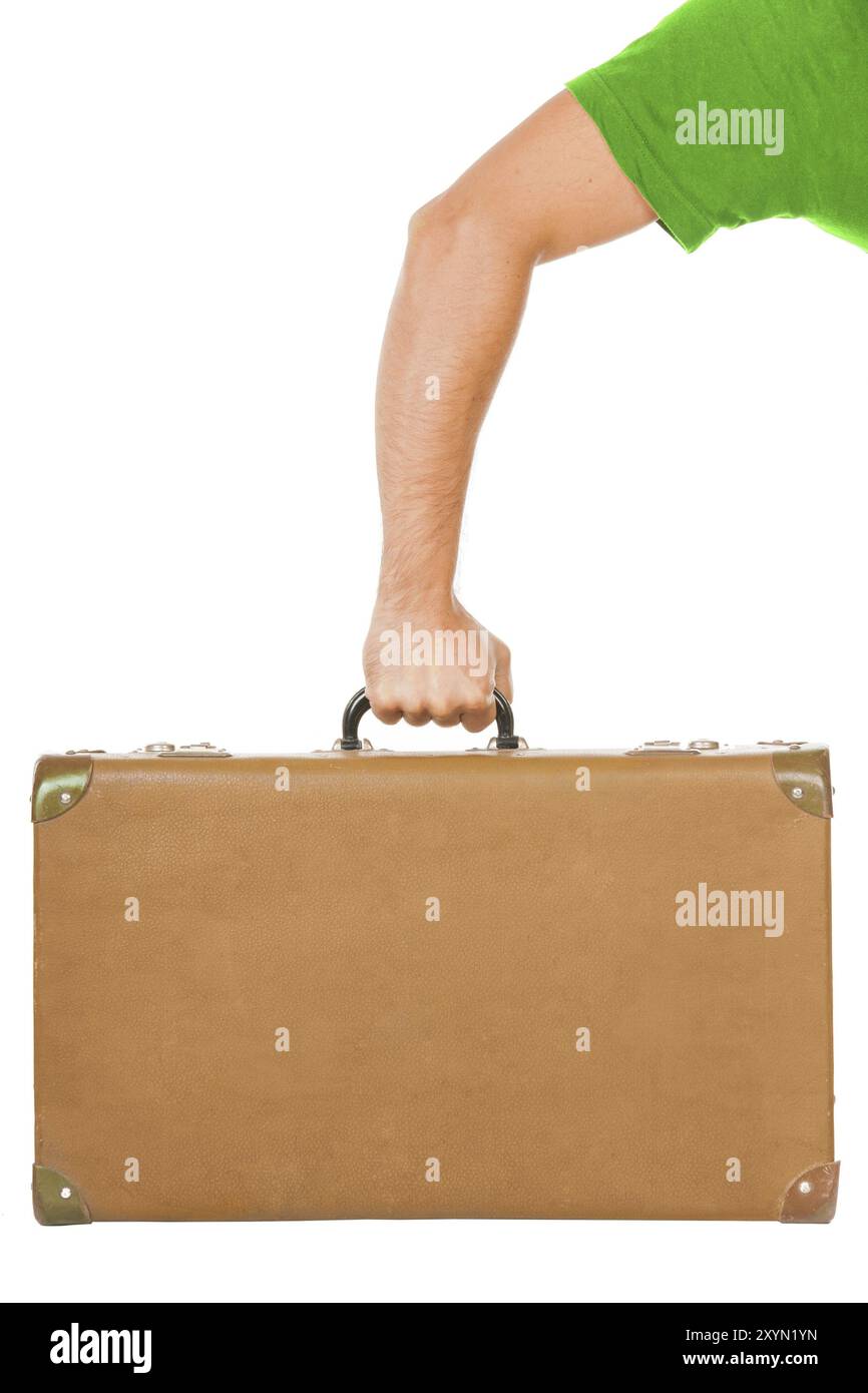 Suitcase in the man's hand on a white background Stock Photo - Alamy