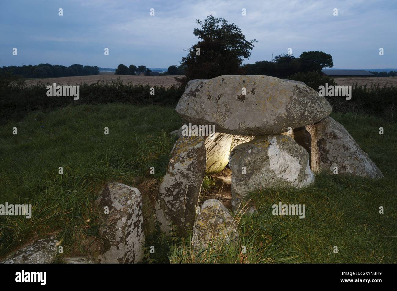 Illuminated megalithic tomb (extended dolmen from the Neolithic period ...