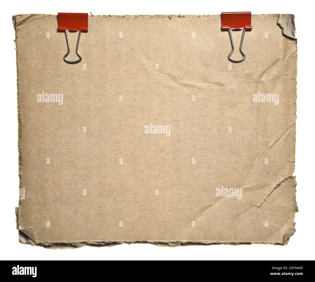 Torn Aged Cardboard With Red Clips Isolated On White Background. Ready ...