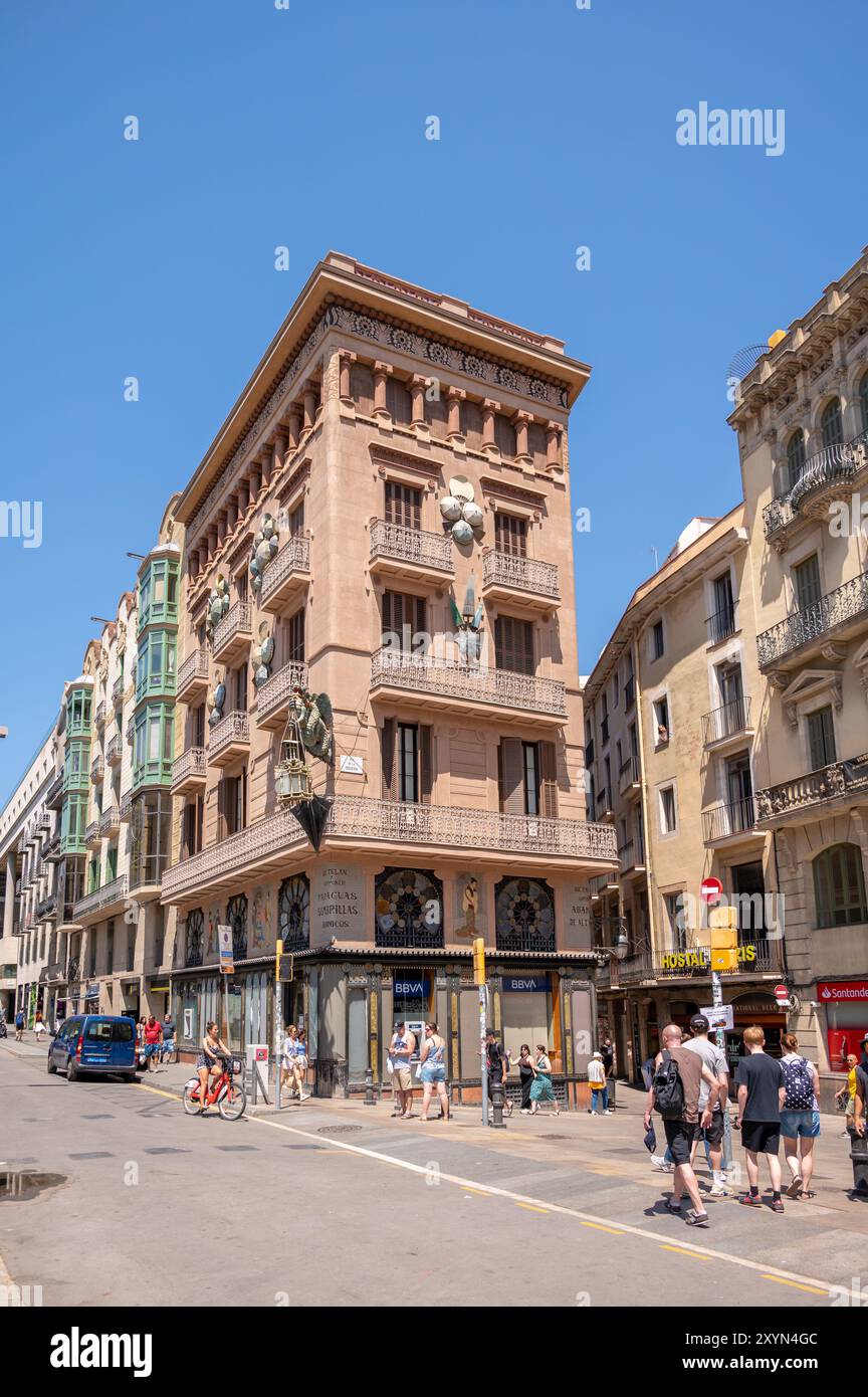 Barcelona, Spain - August 3, 2024: Buildings on the famous La Rambla in ...