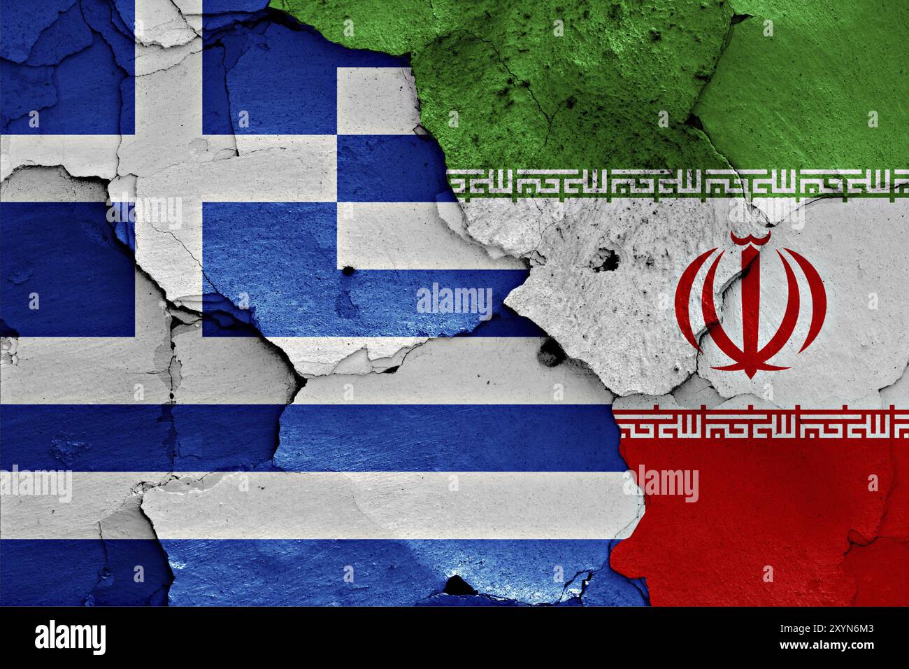 Flags of Greece and Iran painted on cracked wall Stock Photo - Alamy