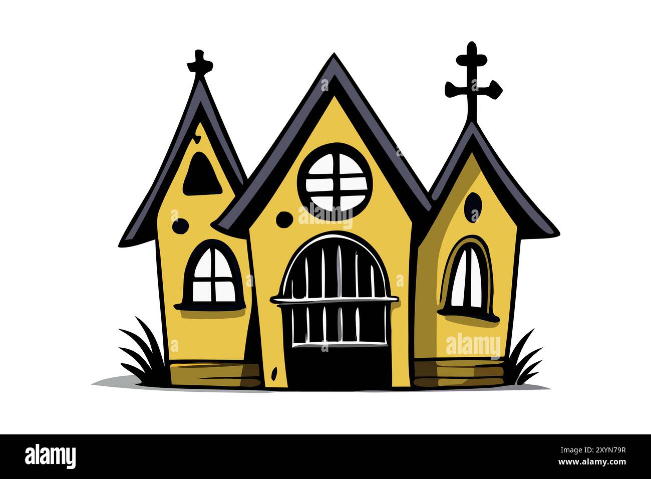 Cartoon-style haunted house with yellow walls and spooky windows ...