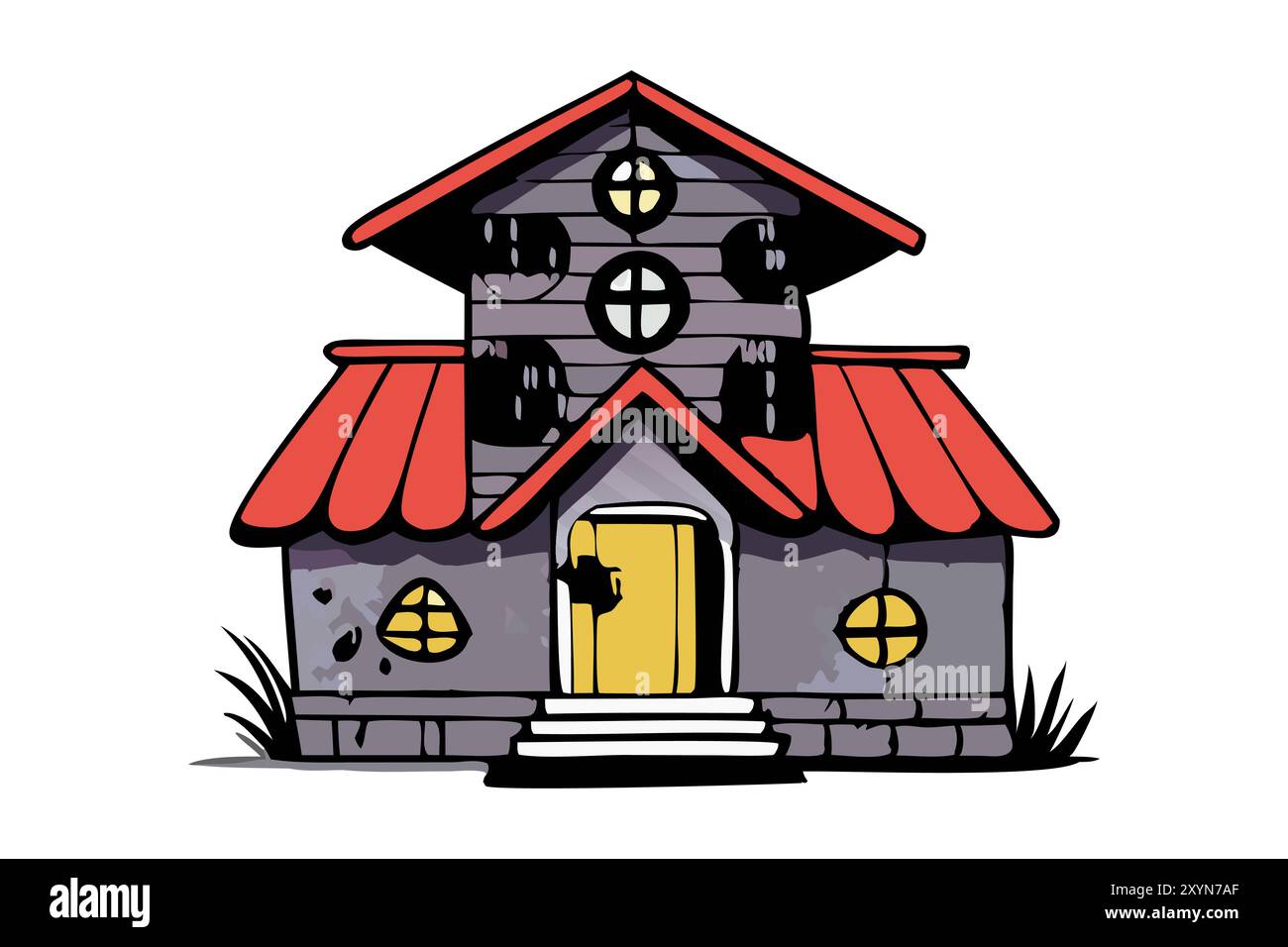 Cartoon style haunted house with spooky windows. Concept of Halloween ...