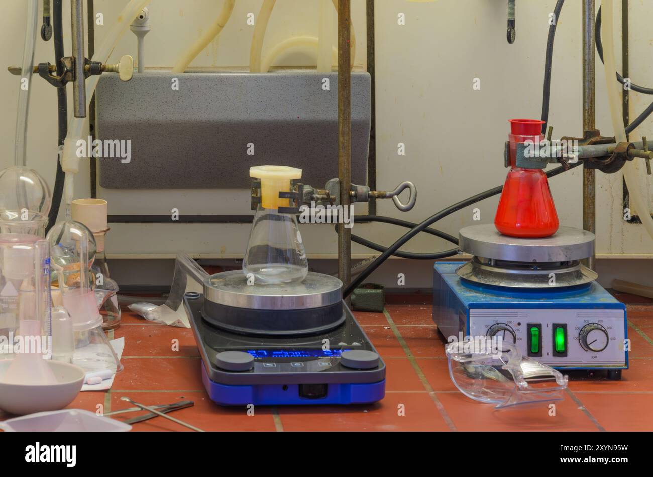 Magnetic stirrers with beakers in the chemistry laboratory Stock Photo ...