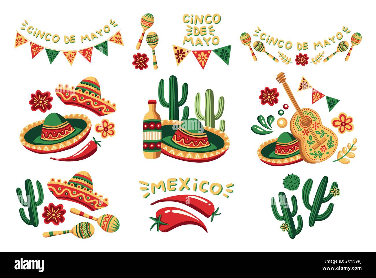 Mexican Cinco De Mayo Holiday Traditional Symbols Vector Collection of ...