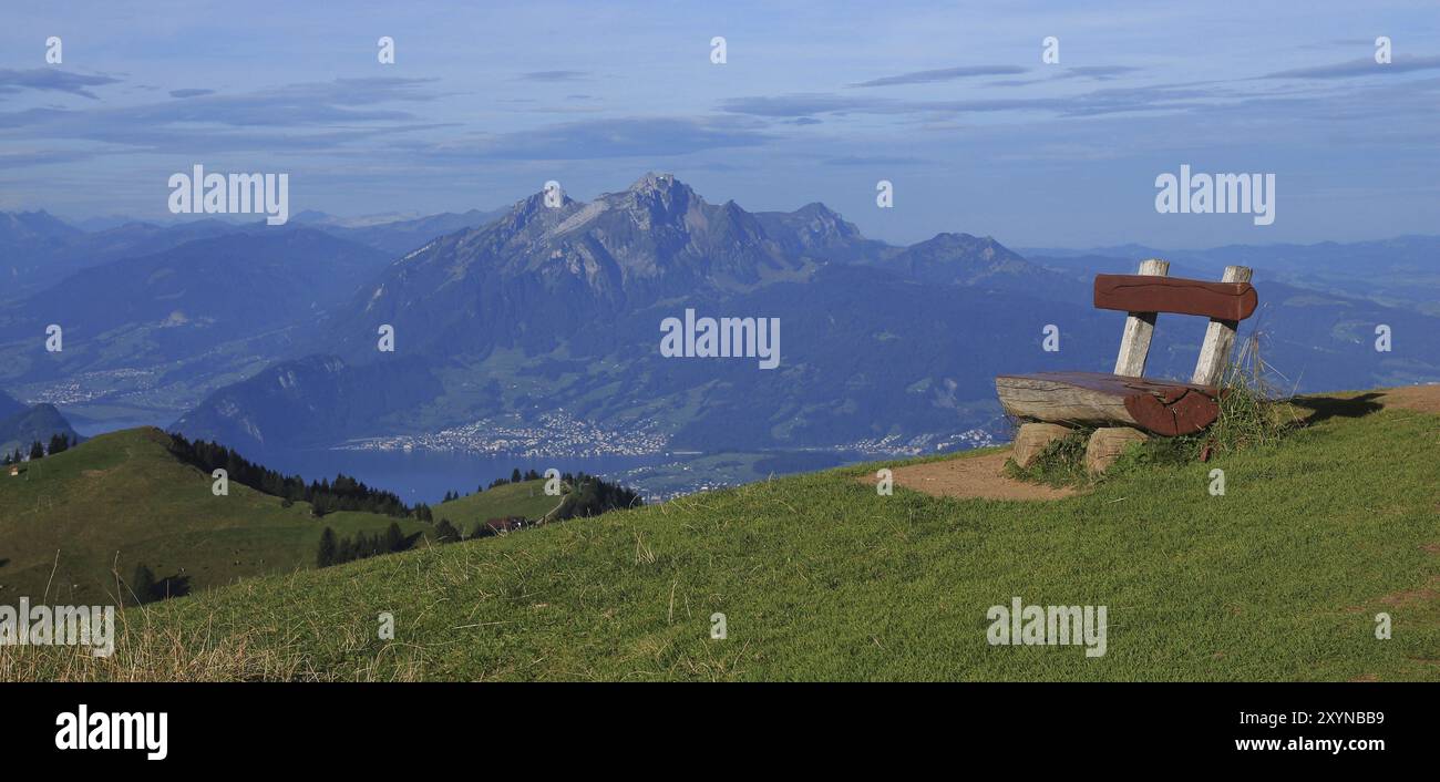Bench on top of mount Rigi and distant view of mount Pilatus Stock ...
