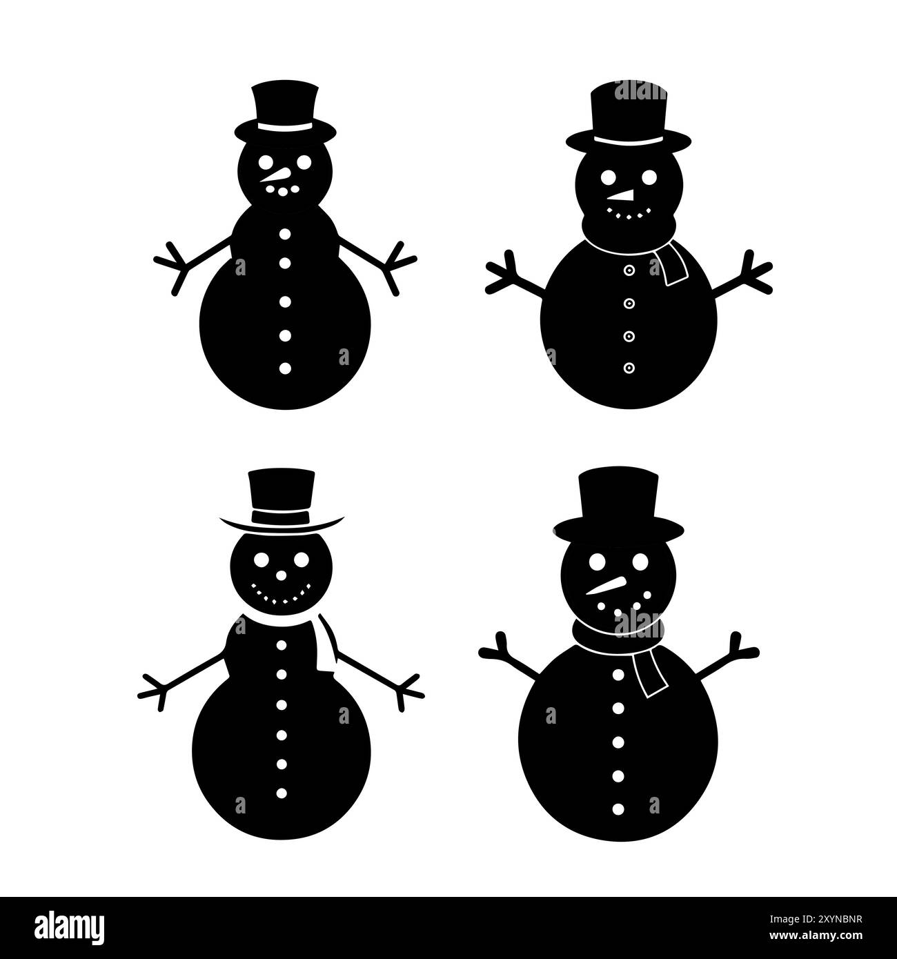 Set of winter silhouettes in black, outline. Snowman in a cylinder ...