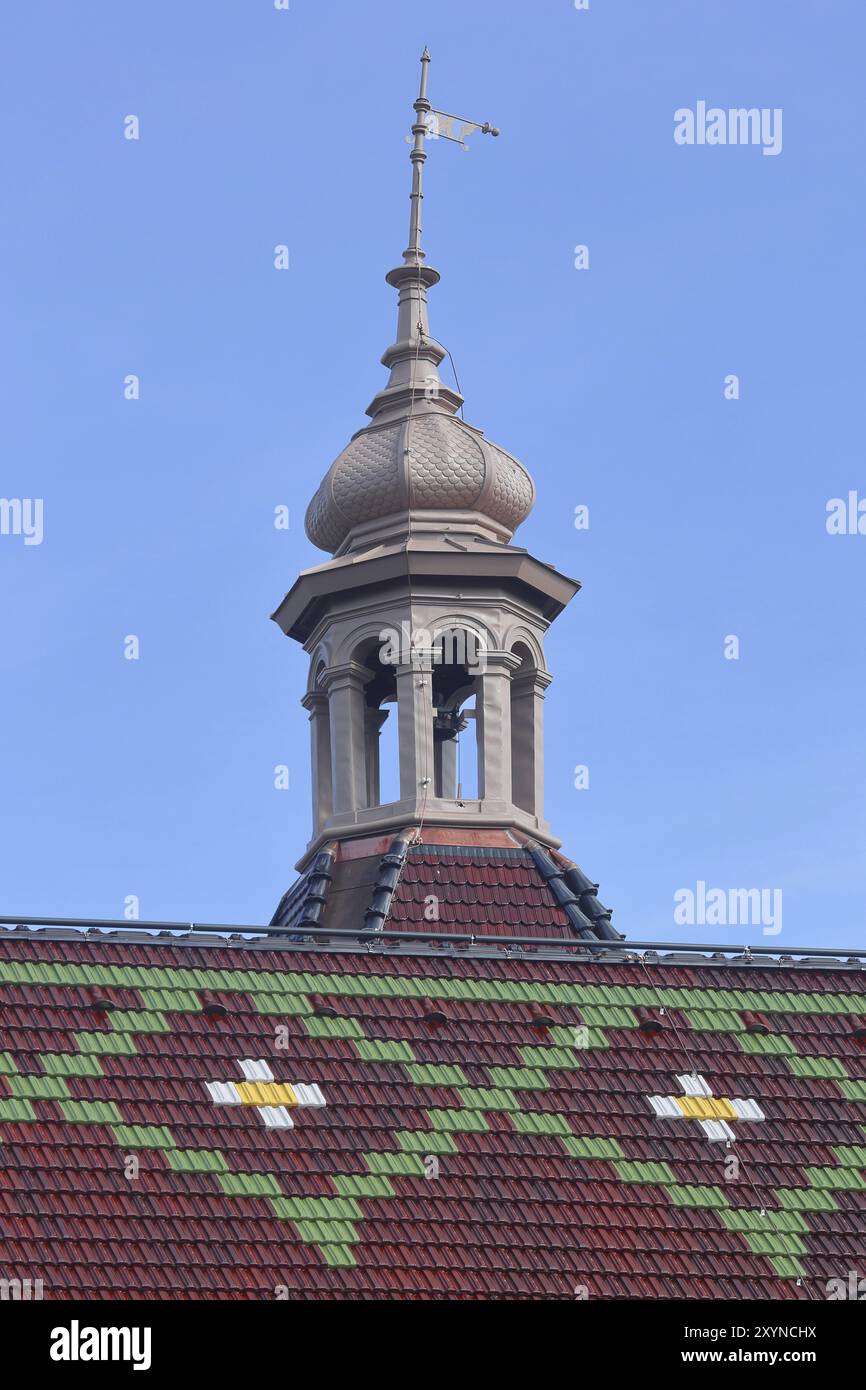 Roof with pattern and spire, ridge turret, roof tile, tower, town hall ...