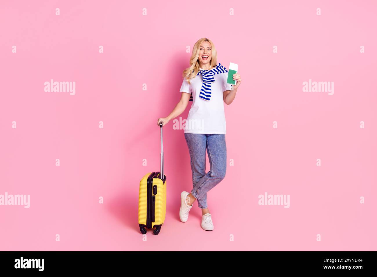 Full body photo of attractive young woman suitcase traveler hold visa ...