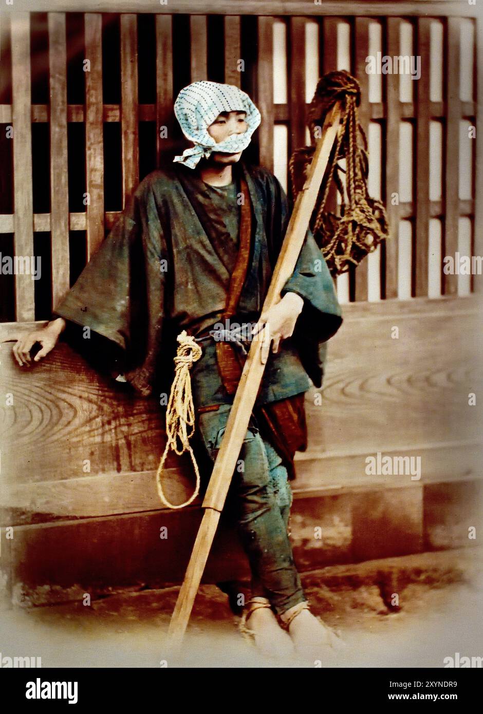 Labourer at rest 1868 by Felice Beato, Japanese hand-coloured black and ...