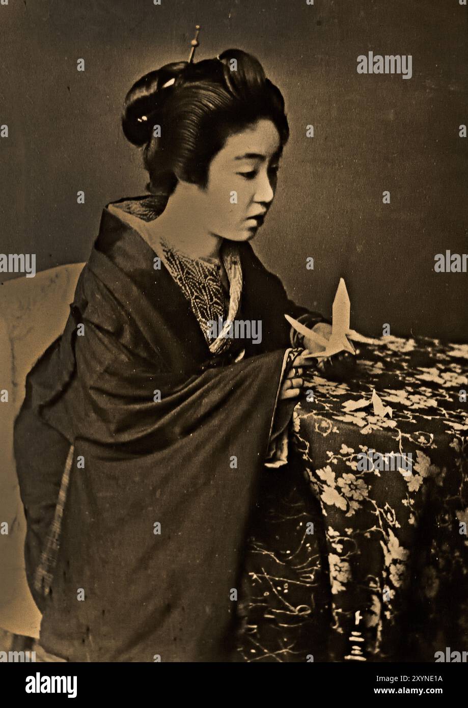 Girl with origami crane 1875 Japanese hand-coloured black and white ...