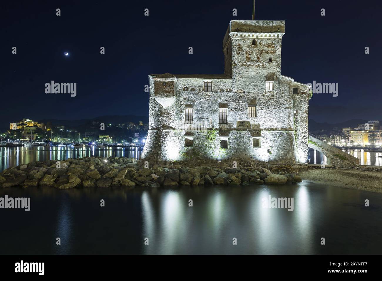 The ancient castle of Rapallo, built on the ligurian sea illuminated by ...