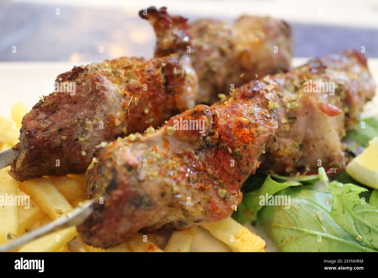 Greek cuisine: pork souvlaki (grilled pork Stock Photo - Alamy
