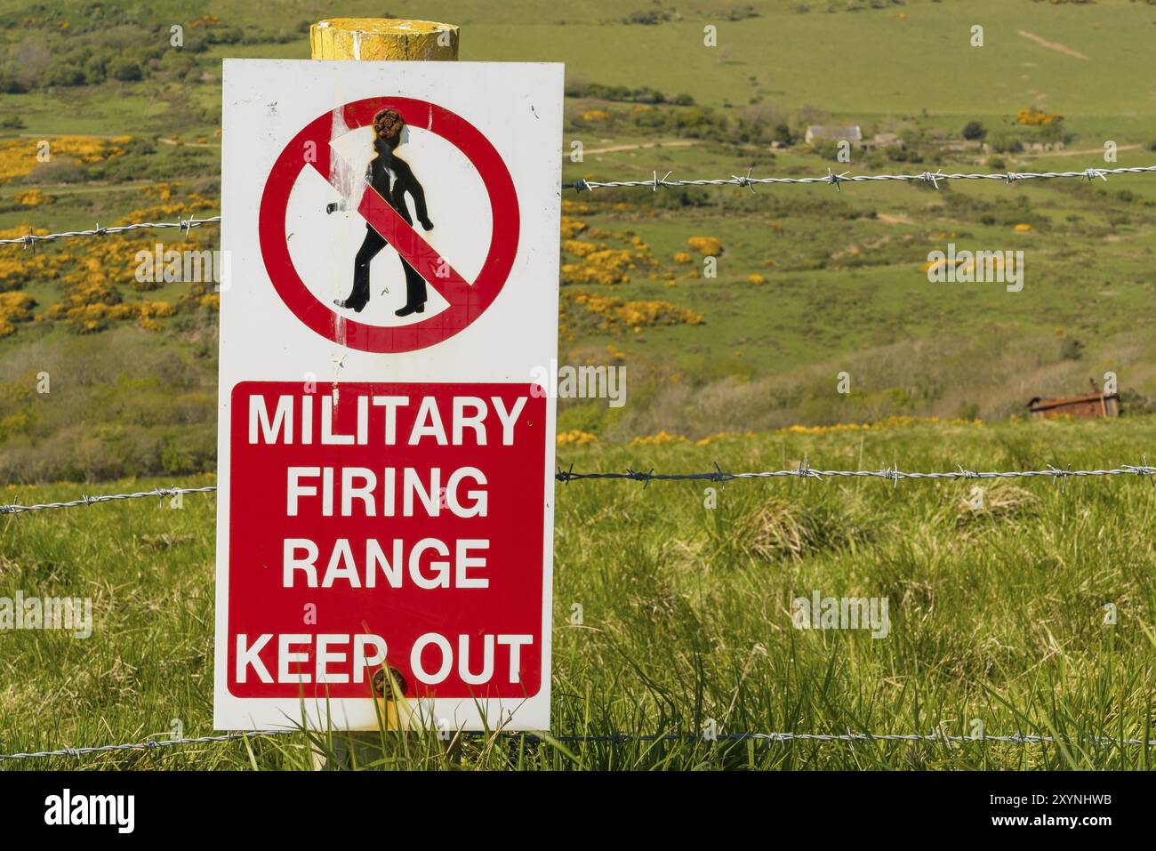 Sign: Military firing range keep out, seen on the South West Coast Path ...