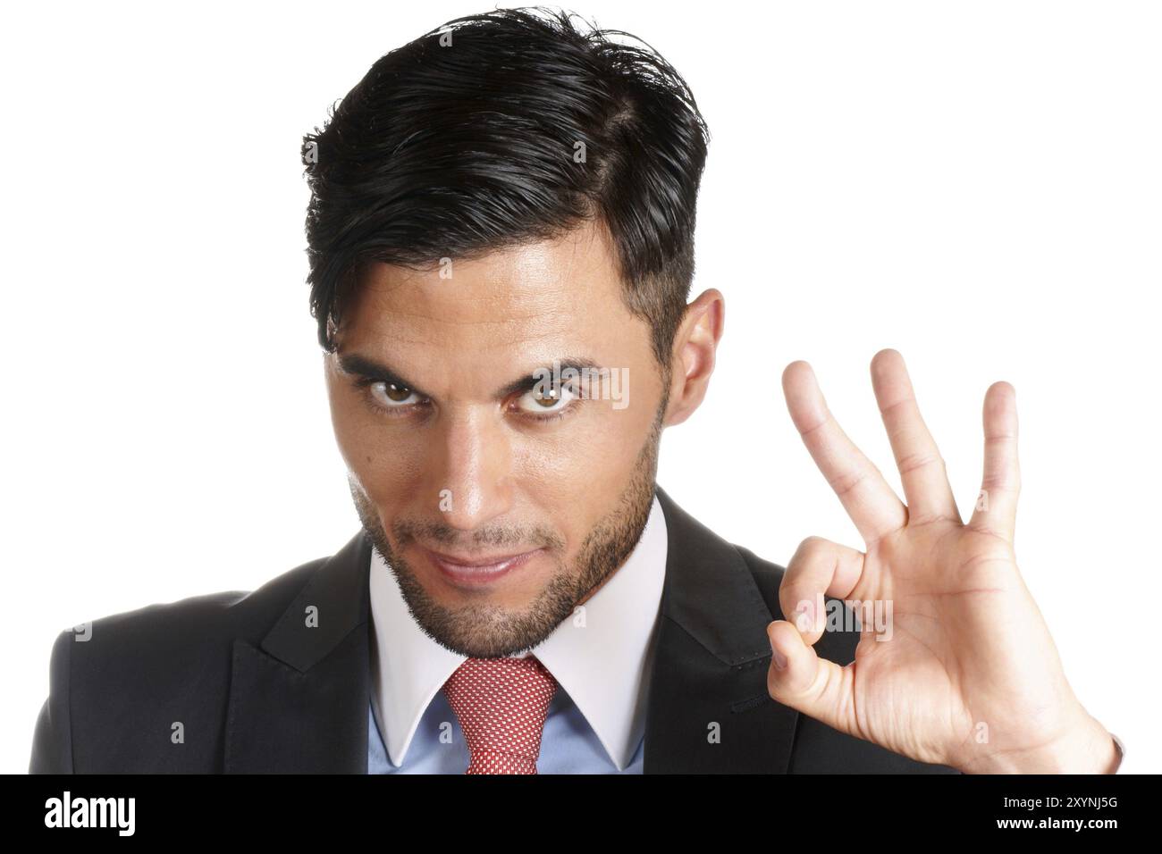30 years old caucasian businessman making ok sign over white background ...