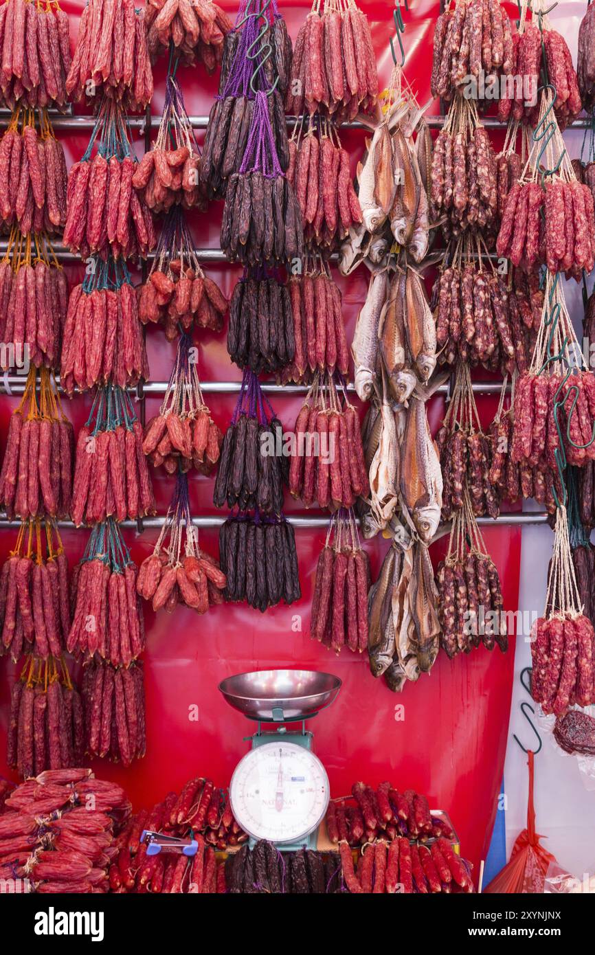 Sausages for sale at the market in Chinatown, Singapore, Asia Stock ...