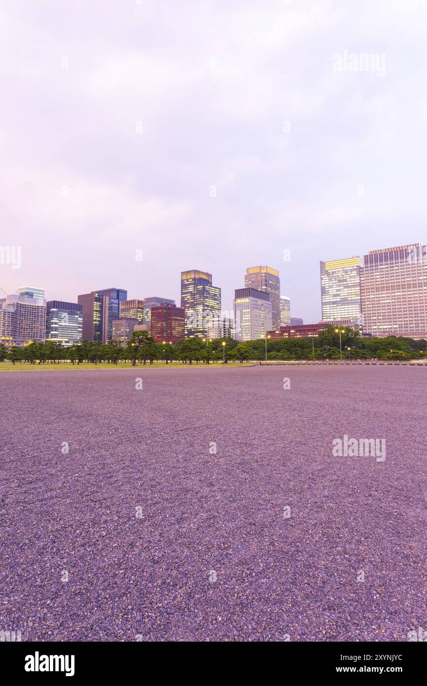 Purple evening sunset overlooking downtown Marunouchi skyline at dusk ...