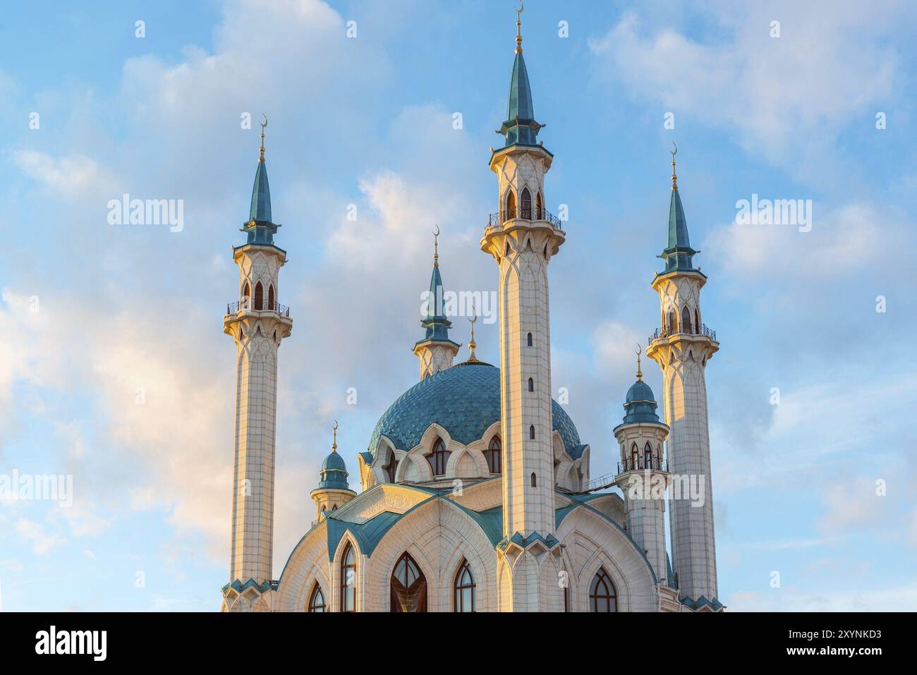 View of the minarets mosque Kul-Sharif at a sunset. Russia, Tatarstan ...