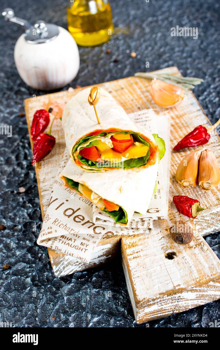 Shawarma sandwich with vegetable and cheese. Traditional Middle Eastern ...