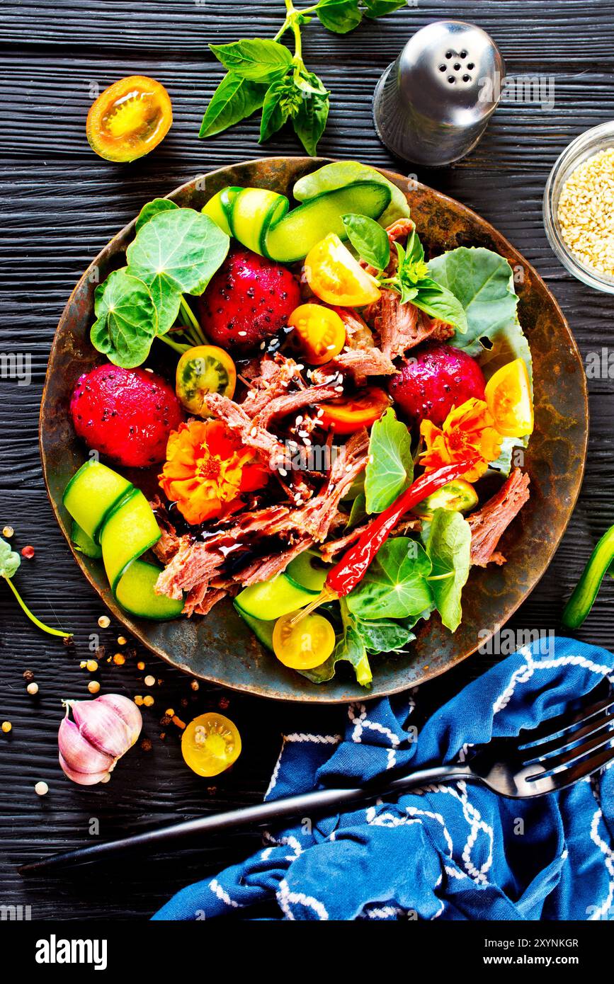 Tropical fruit with boiled met and fresh egetable Stock Photo - Alamy