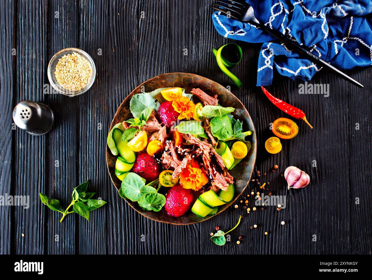 Tropical fruit with boiled met and fresh egetable Stock Photo - Alamy