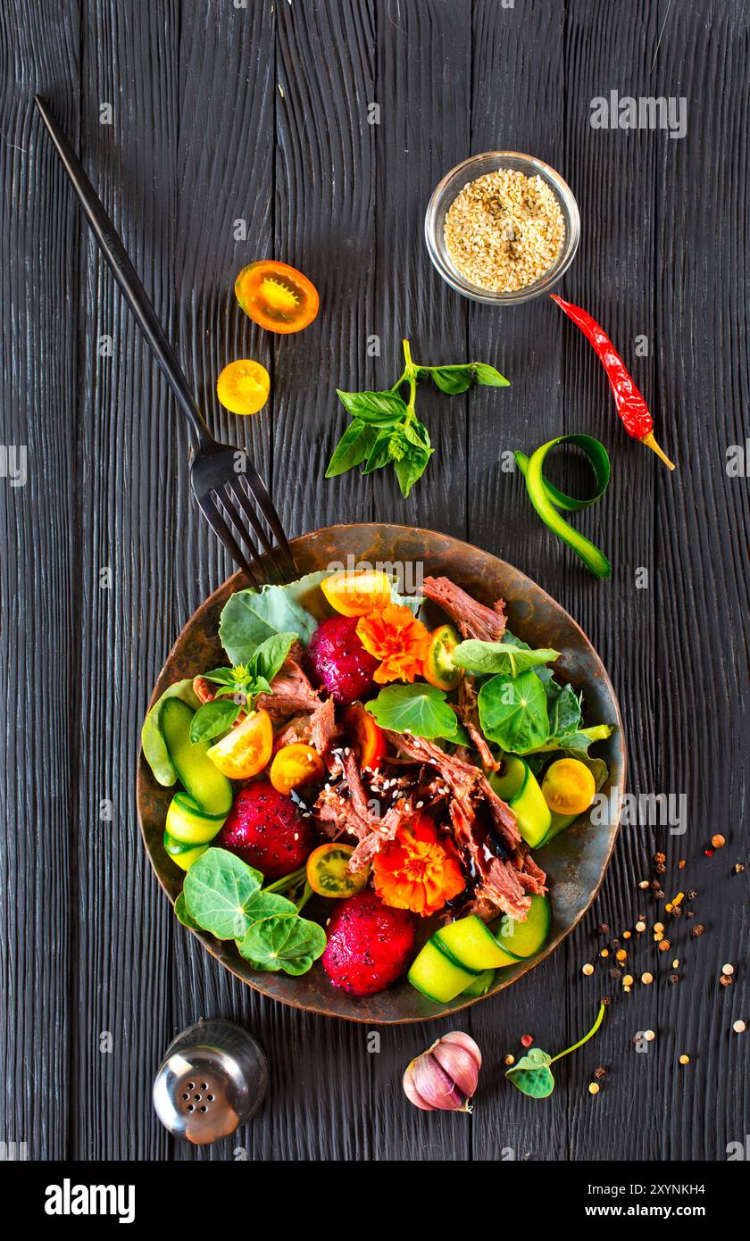 Tropical fruit with boiled met and fresh egetable Stock Photo - Alamy