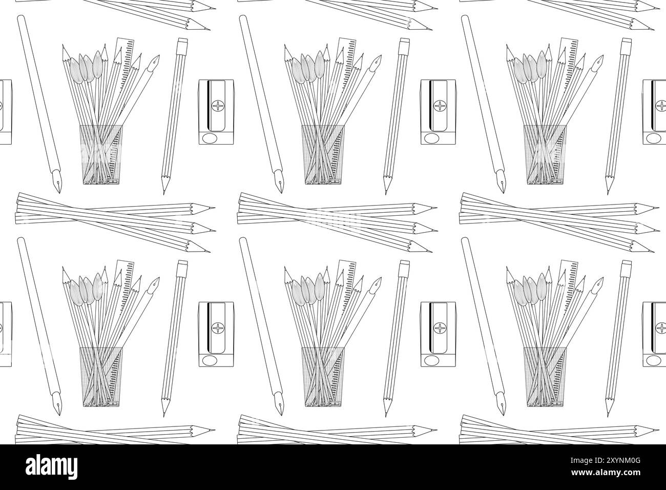 Seamless pattern of school supplies in black and white for coloring ...