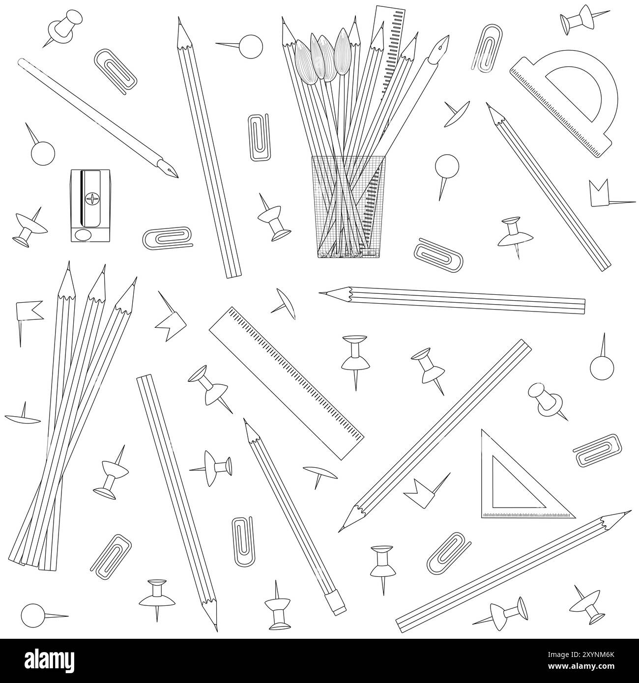 Seamless black and white pattern featuring school supplies like pencils ...