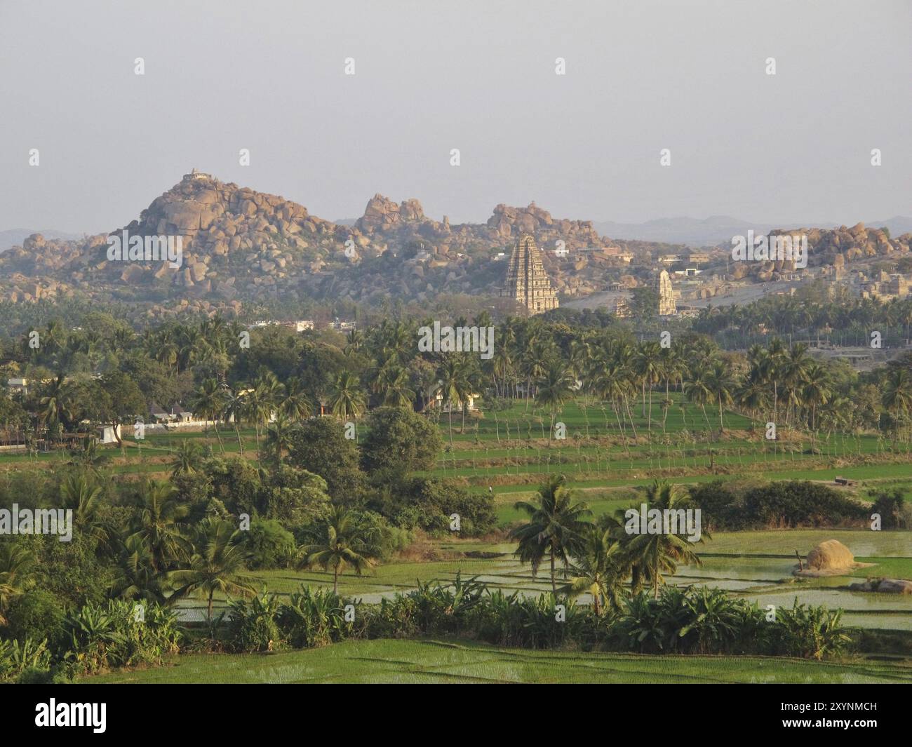Unique landscape in Karnataka, India. Rice fields, ancient town Hampi ...