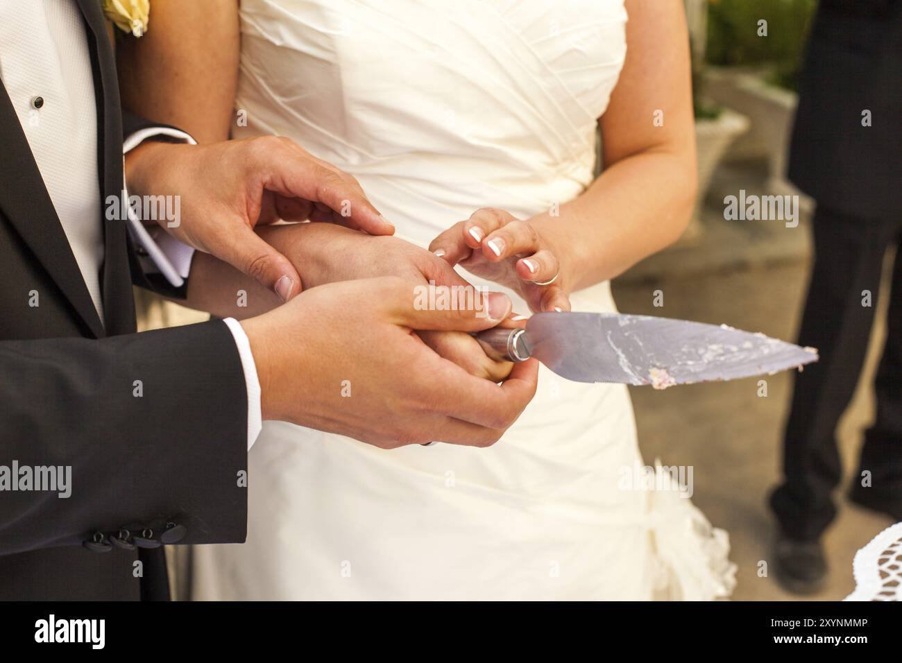Bridal couple cutting their wedding cake Stock Photo - Alamy