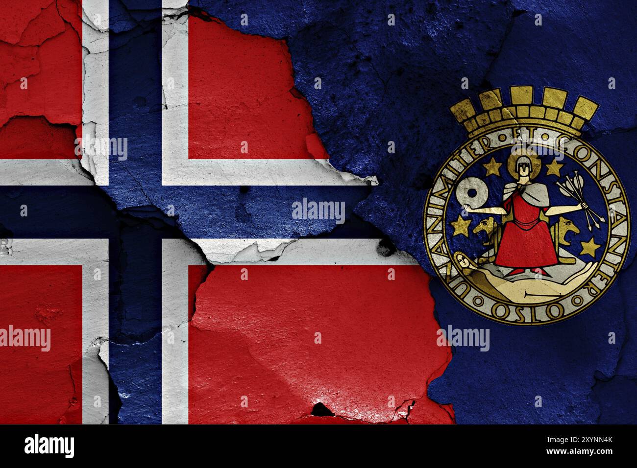 Flags of Norway and Oslo painted on cracked wall Stock Photo - Alamy