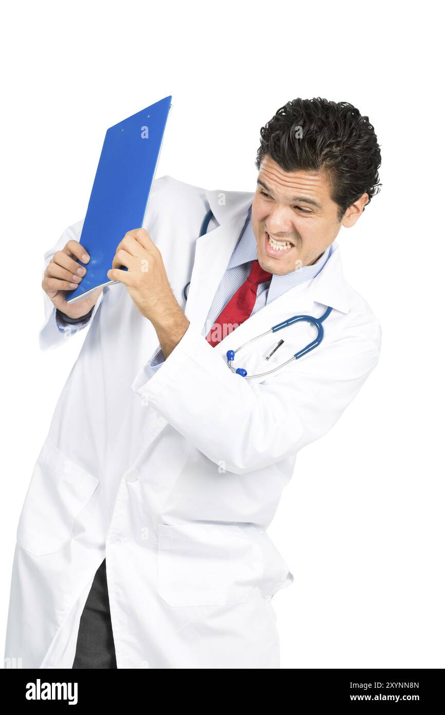 A latino doctor with clenched teeth, under stress, protecting in a ...