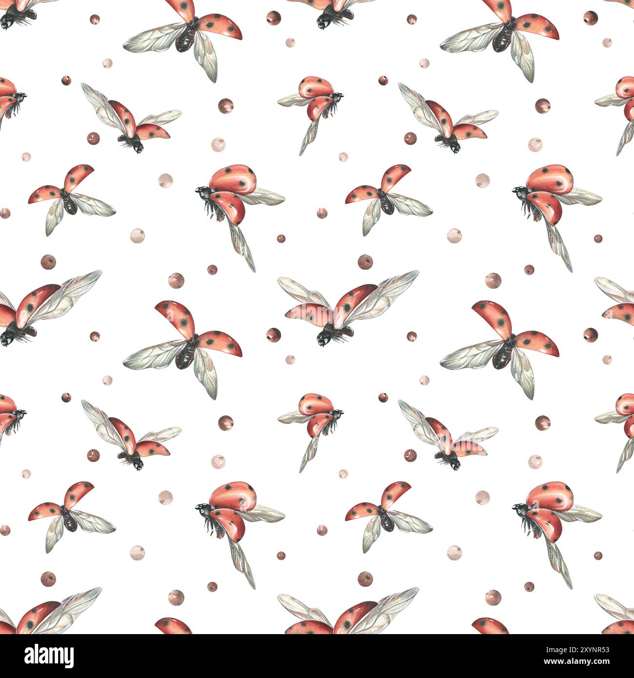 Red ladybugs with black dots flying with berries. watercolor ...