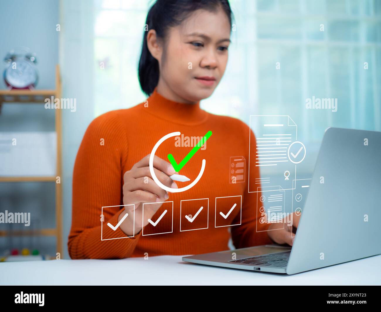 Businesswoman using a laptop. Online survey with digital forms and ...